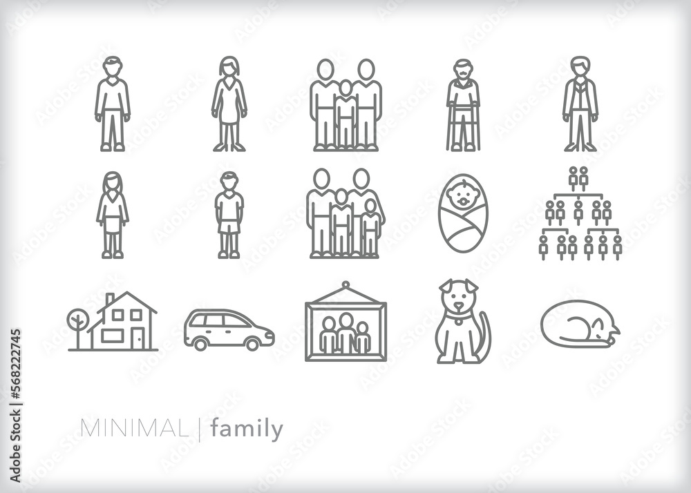 Set of family line icons of people and items making up a modern family ...