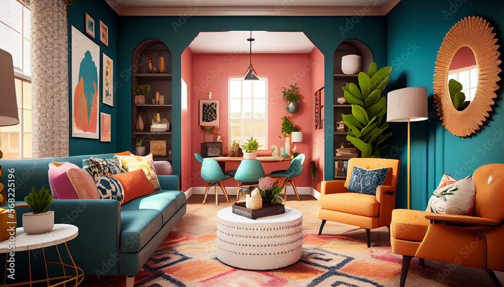 Interior design of a living room with brightly colored walls, long cozy ...