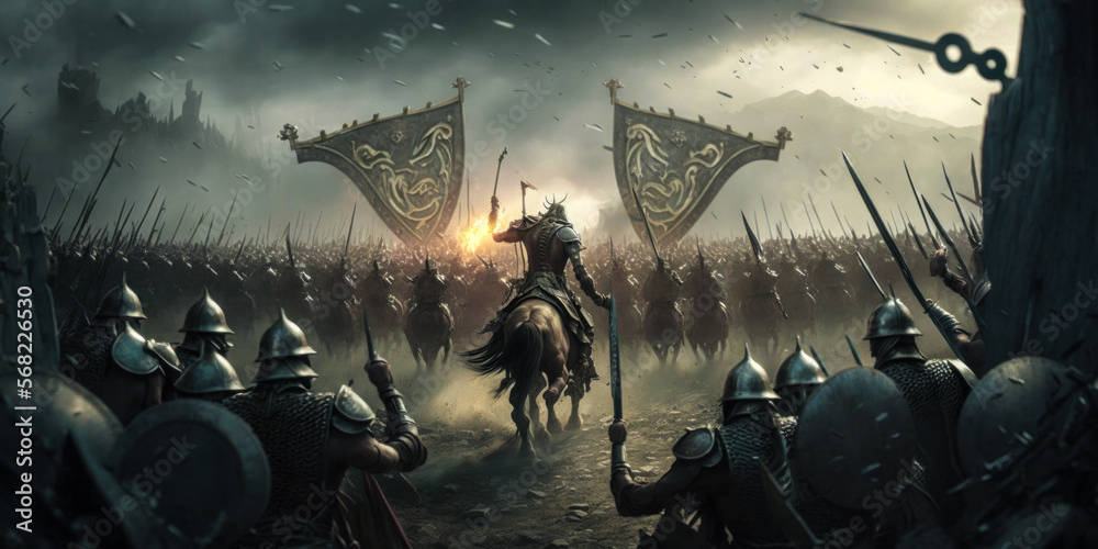 Medieval fantasy illustration featuring an army of humans in a fight agains orcs. Battle ...