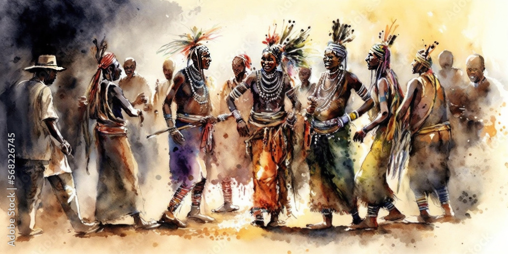 African tribe's traditional gathering and dance celebration artwork ...