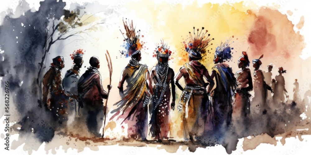 African tribe's traditional gathering and dance celebration artwork ...
