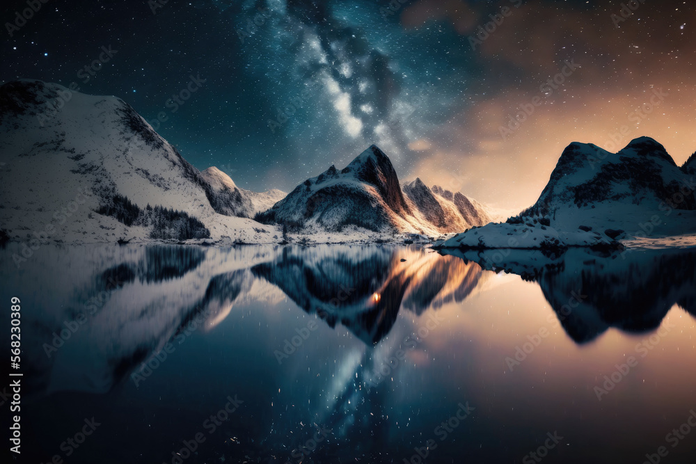 Bright Milky Way over snow covered mountains and sea at night in winter ...