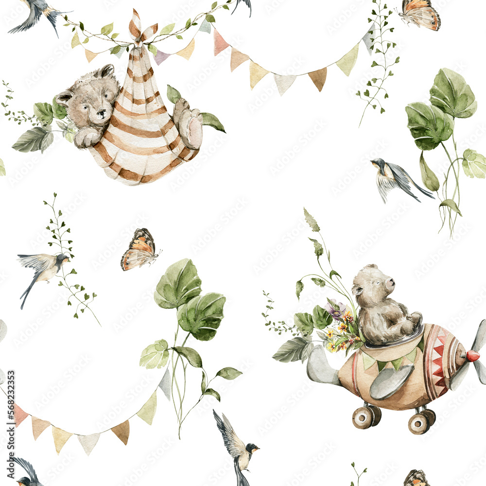 Watercolor nursery seamless pattern. Hand painted woodland set of cute ...