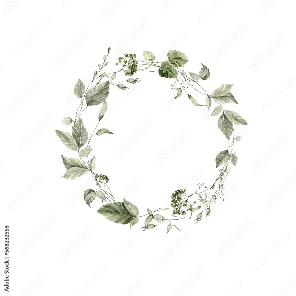 Watercolor floral wreath. Hand painted frame of forest greenery ...