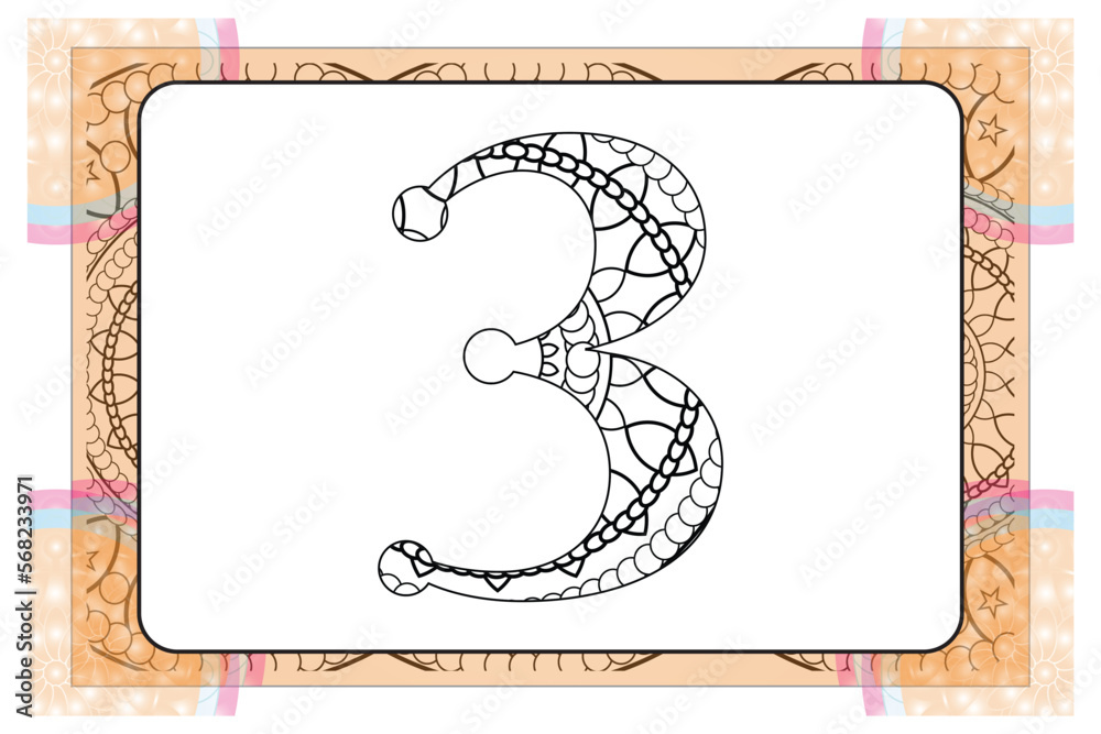Vetor de Adult coloring page with number 3 . Ornamental fon do Stock ...