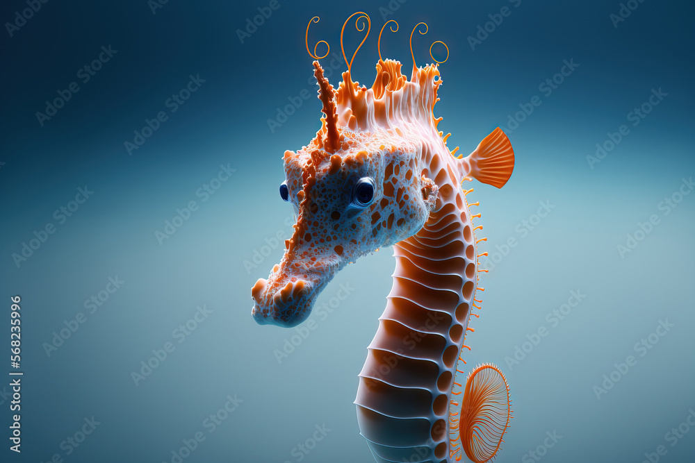 illustrative close up of a seahorse's orange and white face in blue ...