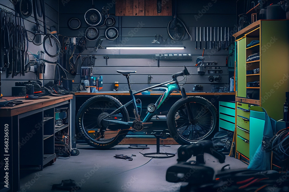 Interior of modern bicycle garage or workshop with many professionals ...