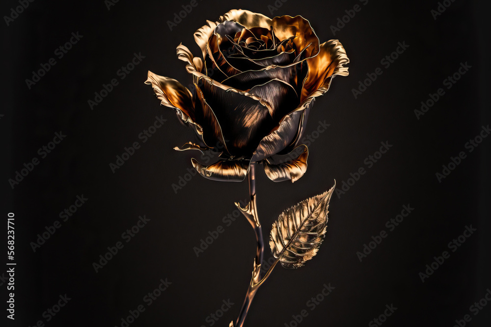 Beautiful black and gold rose flower isolated on a pitch black ...