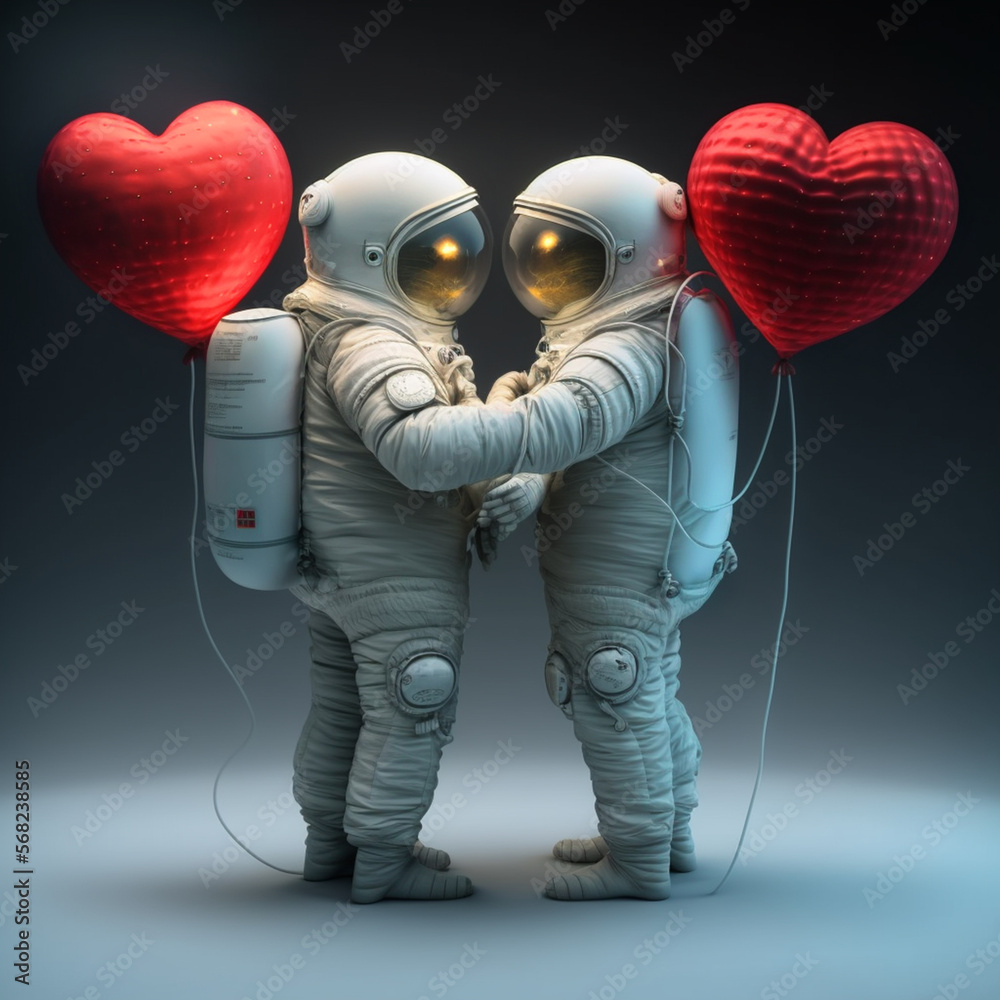 astronaut couple hugging in space and holding a two big red hearts for ...