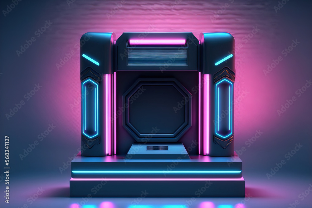 Showcase podium for a cyberpunk science fiction product in a blank ...