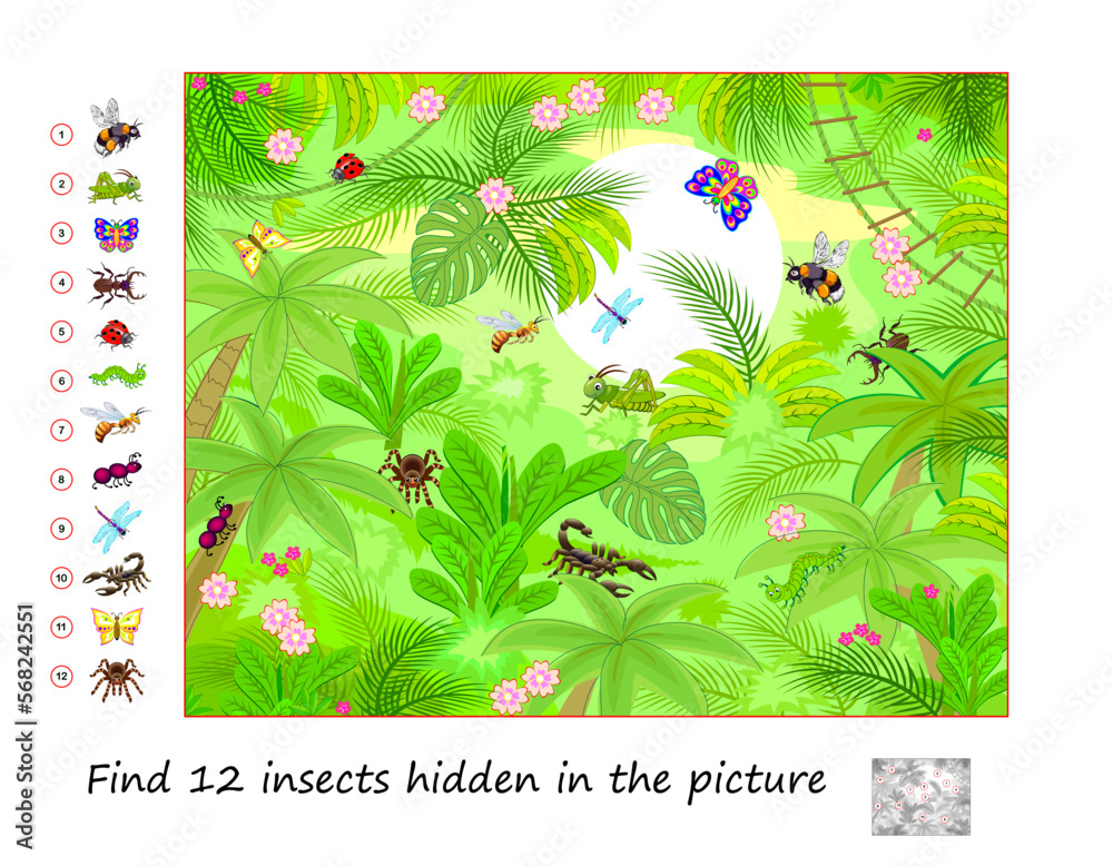 Logic puzzle game for kids. Find 12 insects hidden in the picture ...