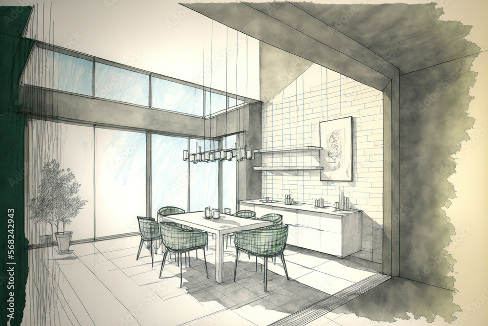 Concept for an architect's interior design a hand drawn draft of an ...