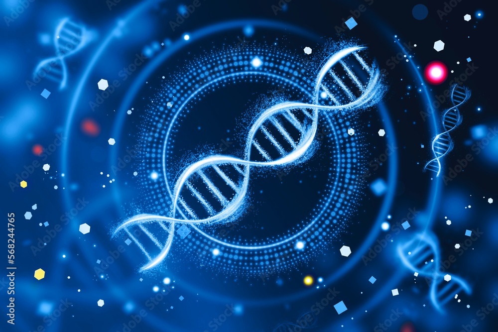 3d illustration DNA made from little sparkles, blue tones.Hud scientist ...