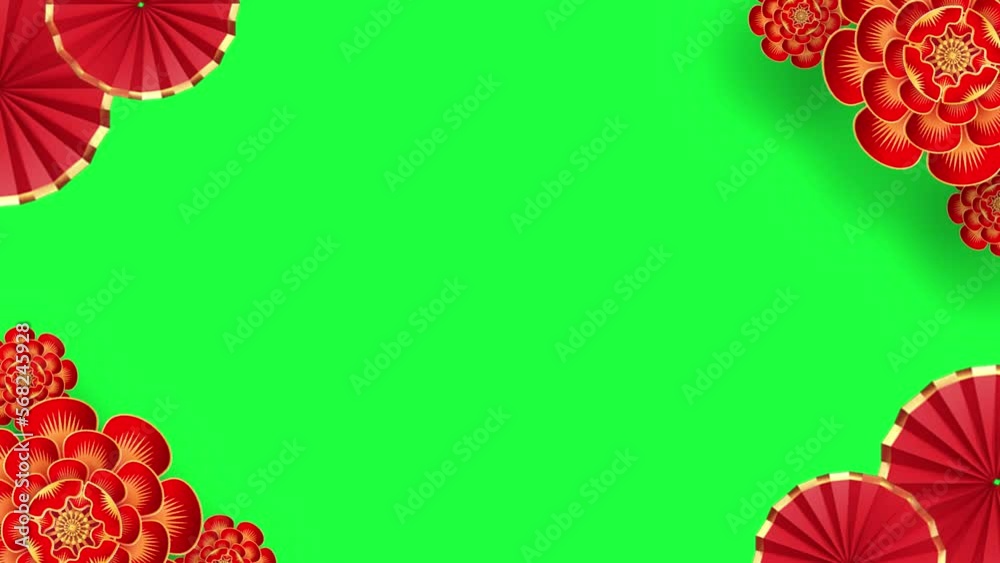 Chinese flower frame animation on a green screen. Chinese Red flower ...