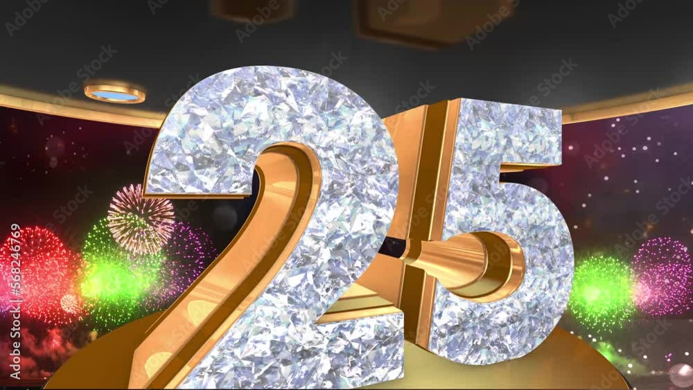 25th anniversary animation in gold and diamonds with fireworks ...
