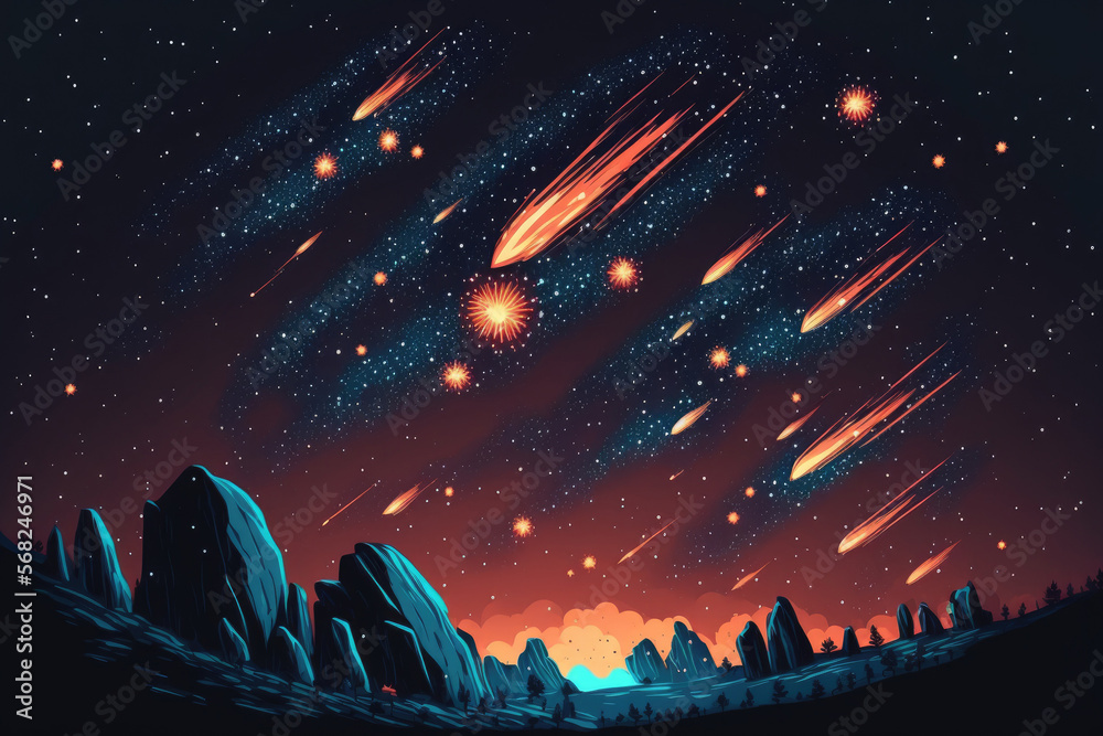 Bright meteors in the night sky. Shooting stars. A meteorites entered ...