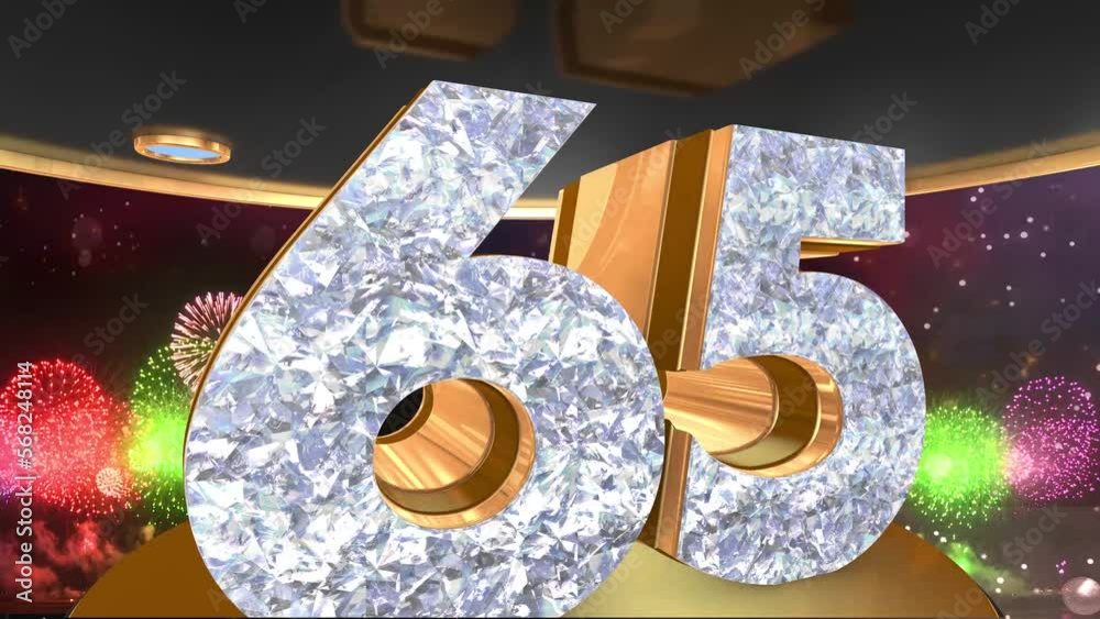 65th anniversary animation in gold and diamonds with fireworks ...