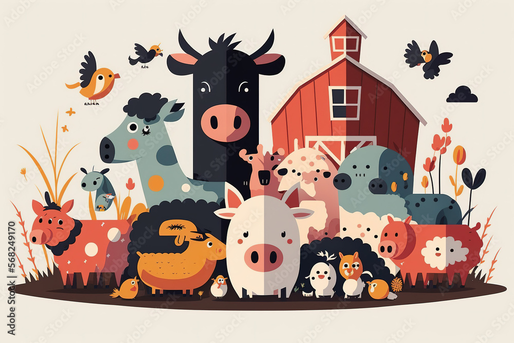 Farm Animals Cartoon Vector, Cute Farm Animals Illustration, Colorful ...