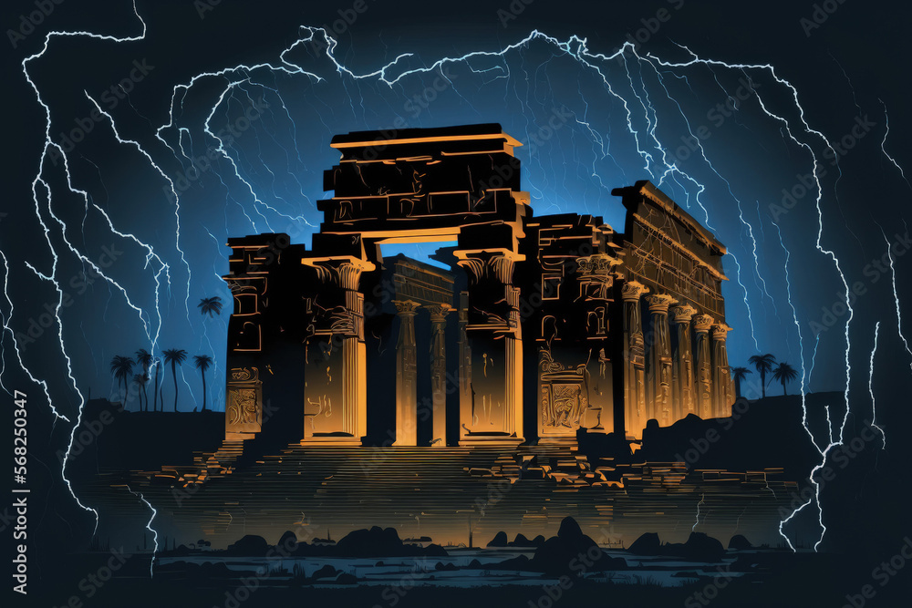 Dark sky and the crumbling wall of Kom Ombo, an ancient Egyptian temple ...