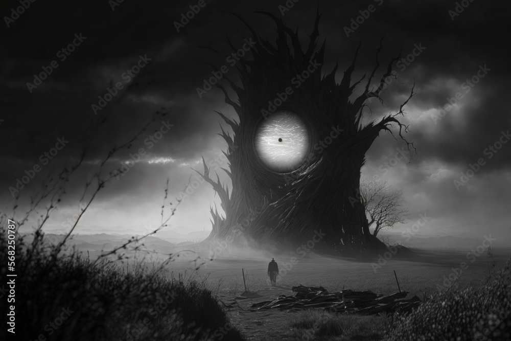 Dark, shadowy creatures in a spiritual landscape area with a tall ...
