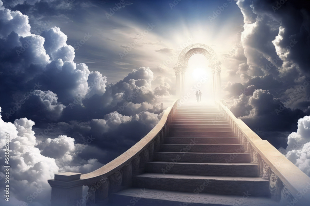A serene heavenly background with a stairway to heaven, a light from ...