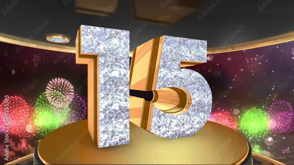15th birthday animation in gold and diamonds with fireworks background ...