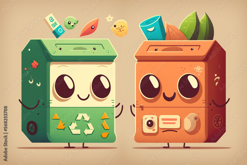 Recycle Cartoon Characters, Cute Trashcan Characters, Recycle Vector ...