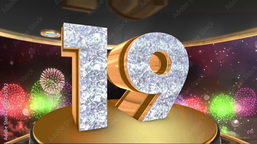 19th birthday animation in gold and diamonds with fireworks background ...