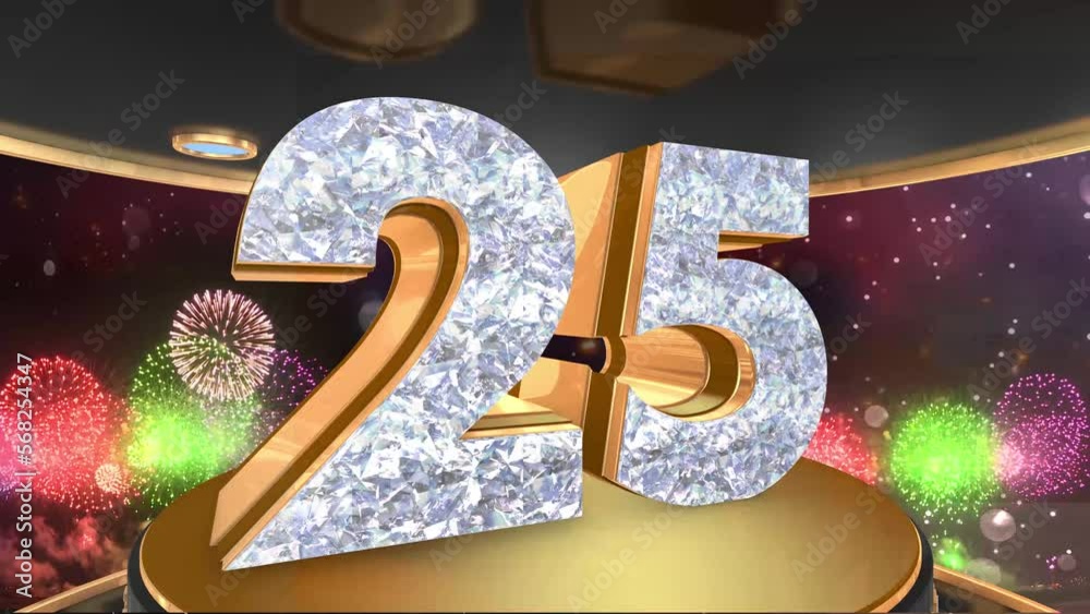 25th birthday animation in gold and diamonds with fireworks background ...