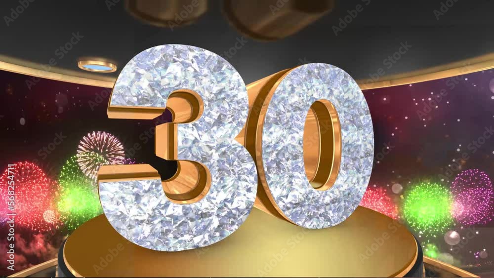 30th birthday animation in gold and diamonds with fireworks background ...