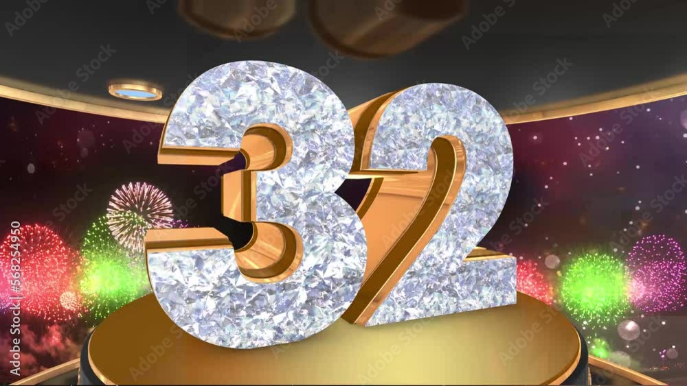32nd birthday animation in gold and diamonds with fireworks background ...