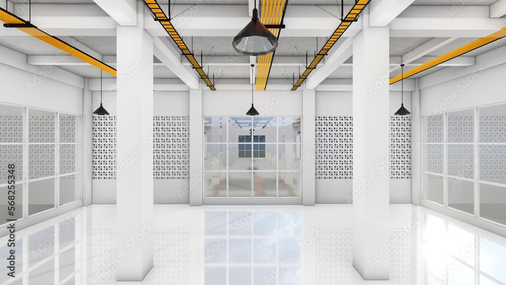 Interior of building columns and electrical network with white wall. 3d ...