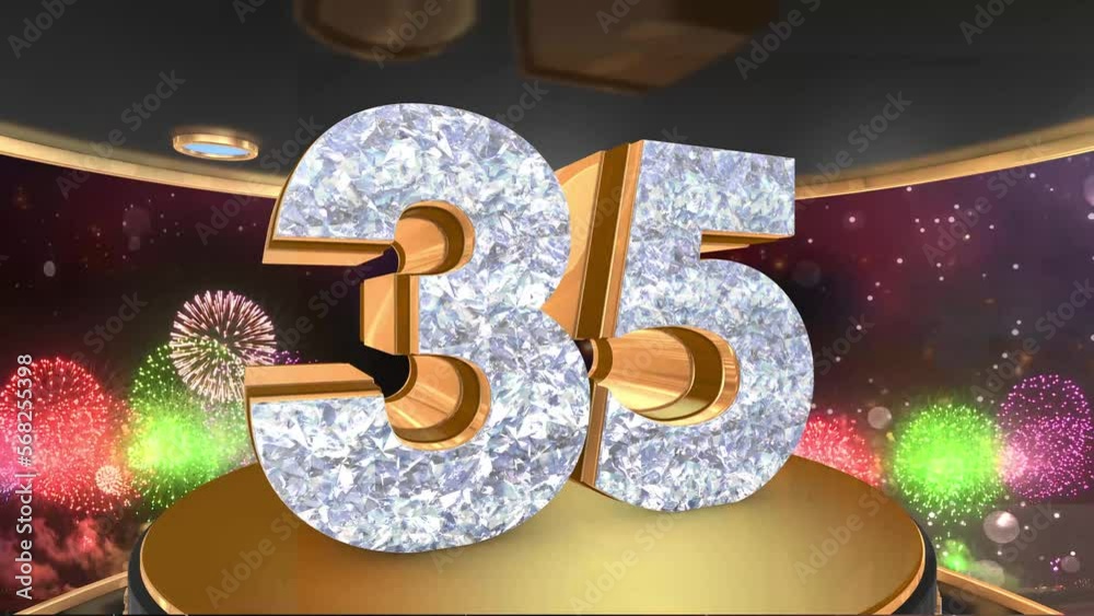 35th birthday animation in gold and diamonds with fireworks background ...