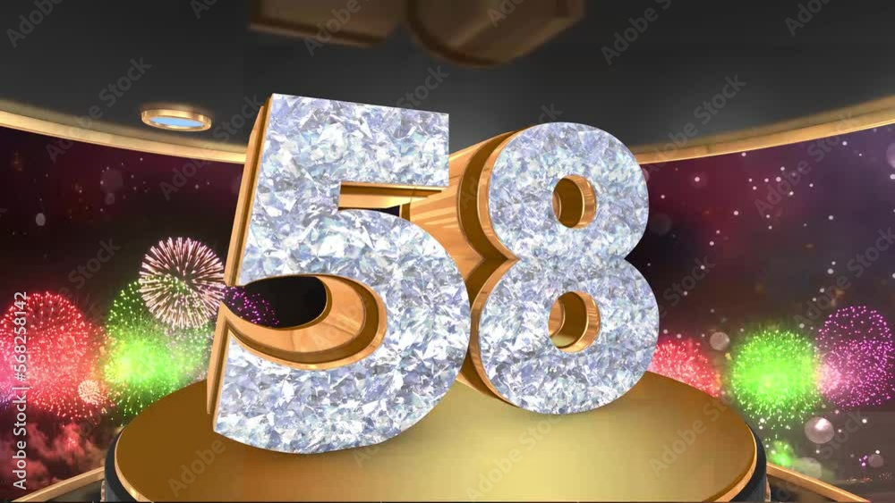 58th birthday animation in gold and diamonds with fireworks background ...
