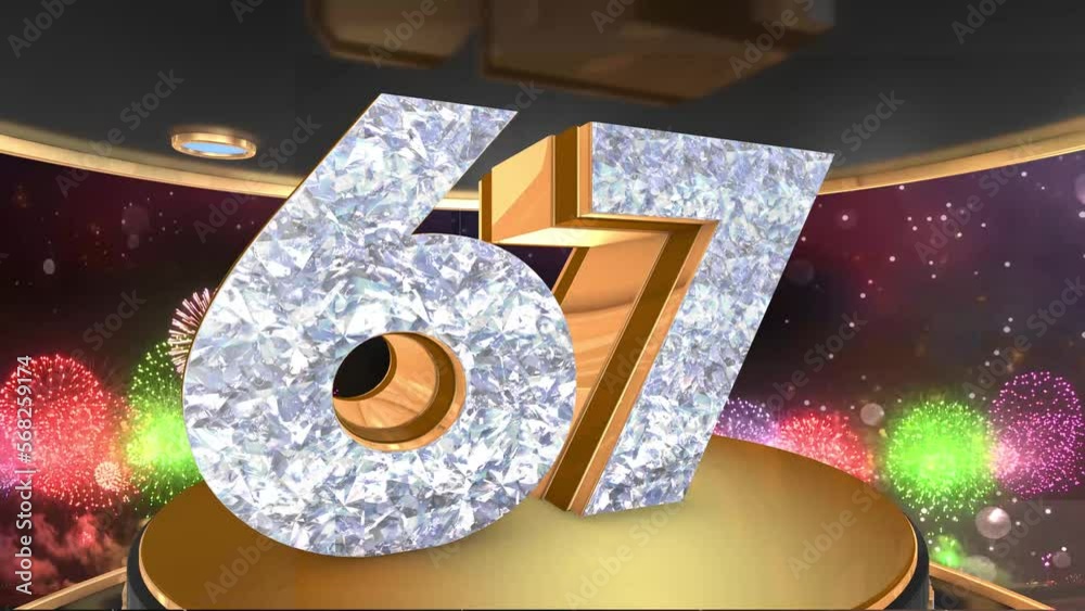 67th birthday animation in gold and diamonds with fireworks background, Animated 67 years ...
