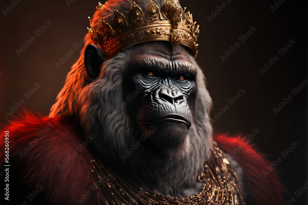 king monkey sitting on the throne with his red cape and golden crown ...