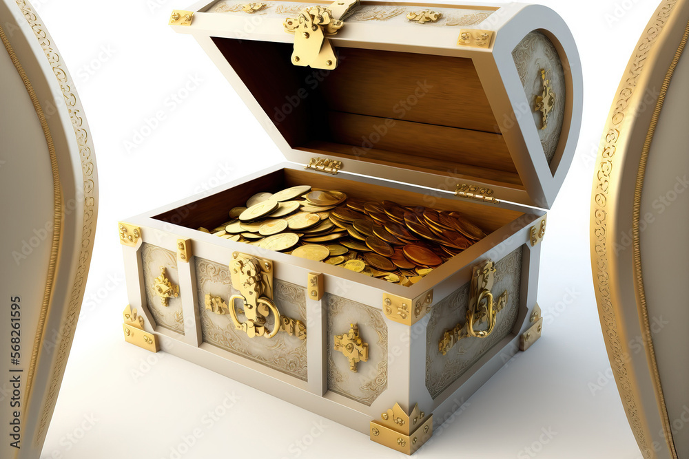 Open chest with gold money in top view, isolated on white. Generative ...