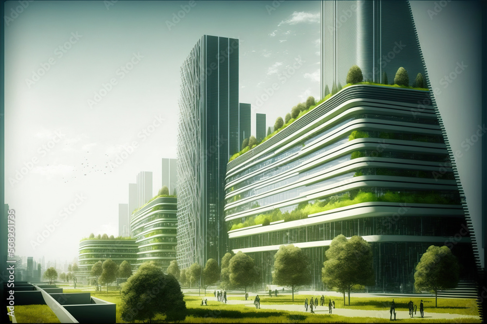 Sustainable green city with futuristic office building and architecture ...