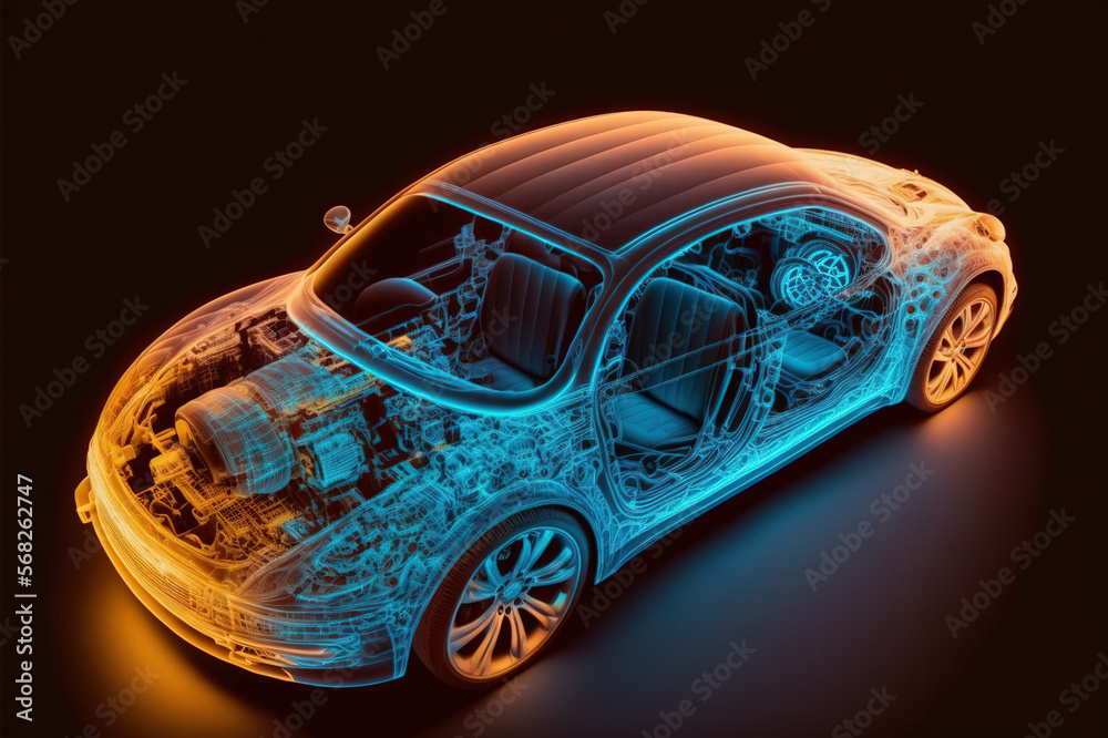 Virtual simulation of future electric car showing wireframe prototype model blueprint in display ...