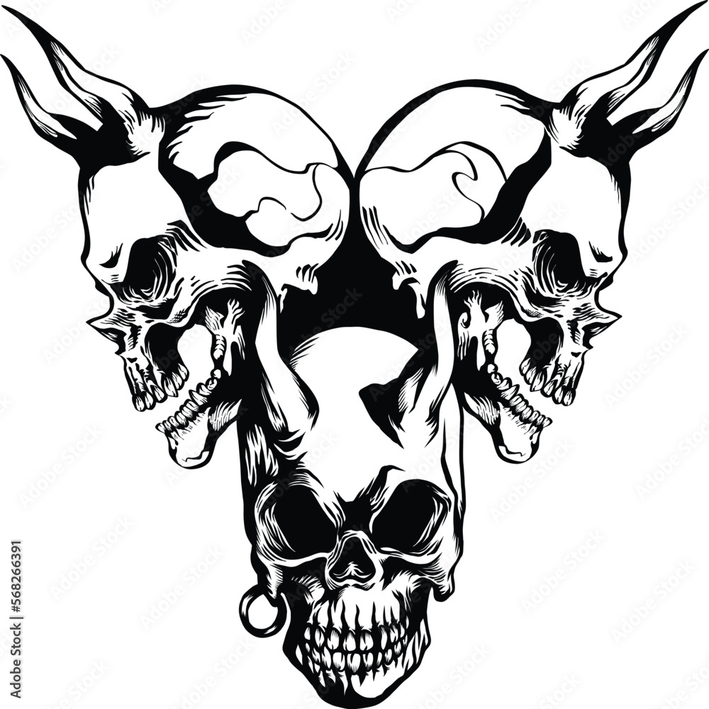 Skulls human tattoo design devils horns unique creepy horror demons ...