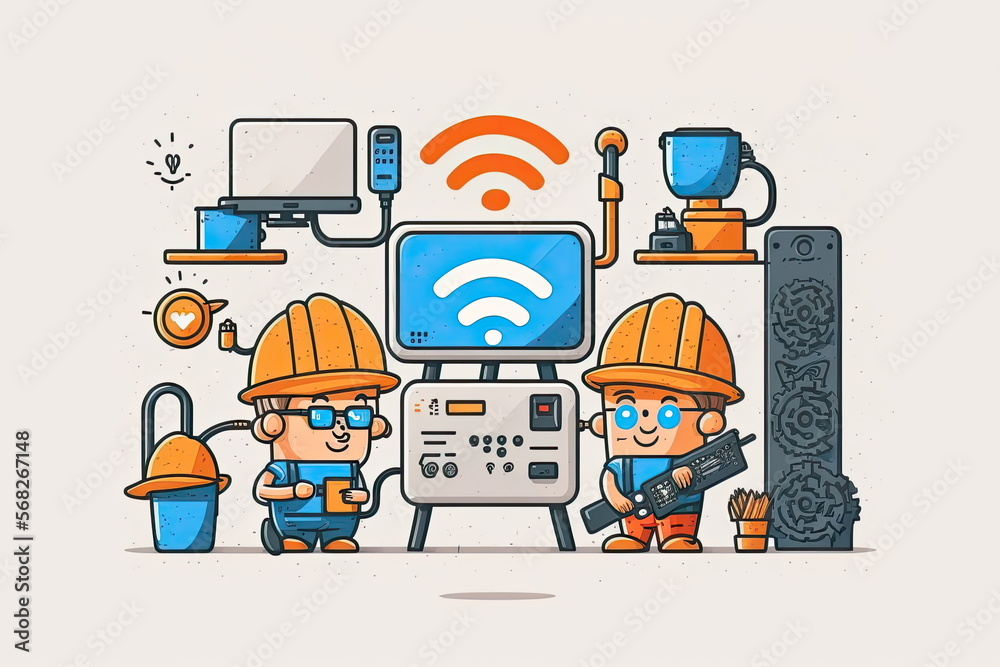 Cute cartoon characters, factory and working person using wifi ...