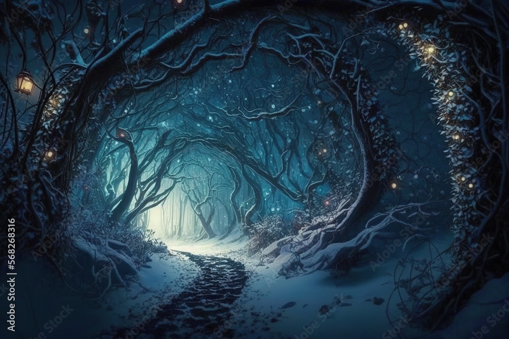 Snowy path in winter fairytale forest, Generative Ai art. Fantasy ...