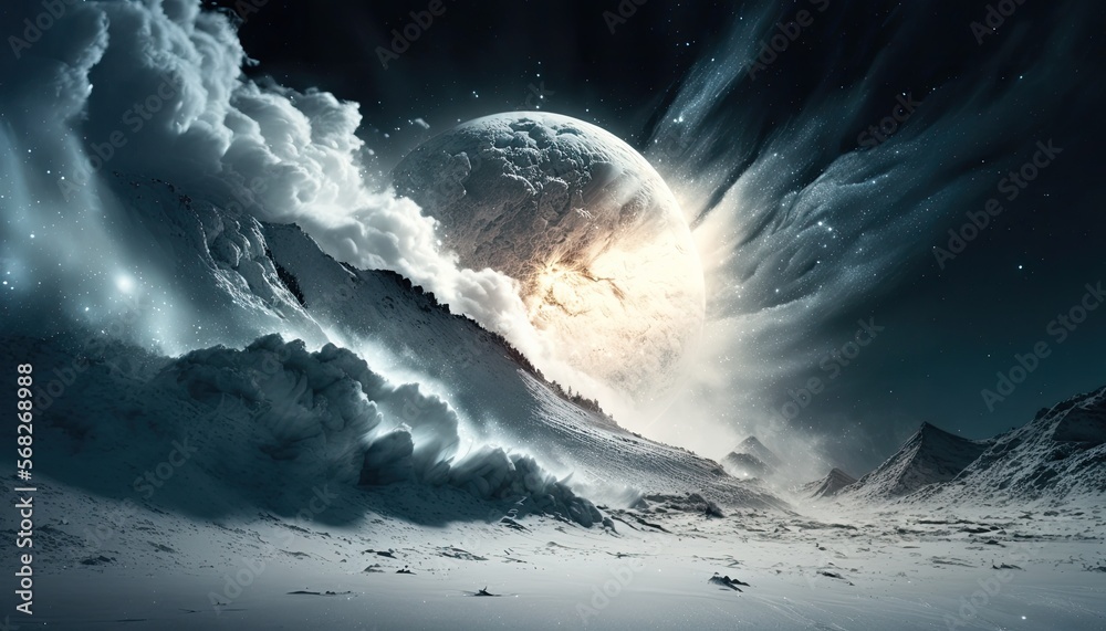 Snowstorm on an icy planet. Meteor asteroid. Moon snowstorm. Space ...