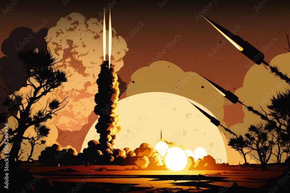 At dusk, the missiles are pointed at the sky. a salvo firing system, a ...