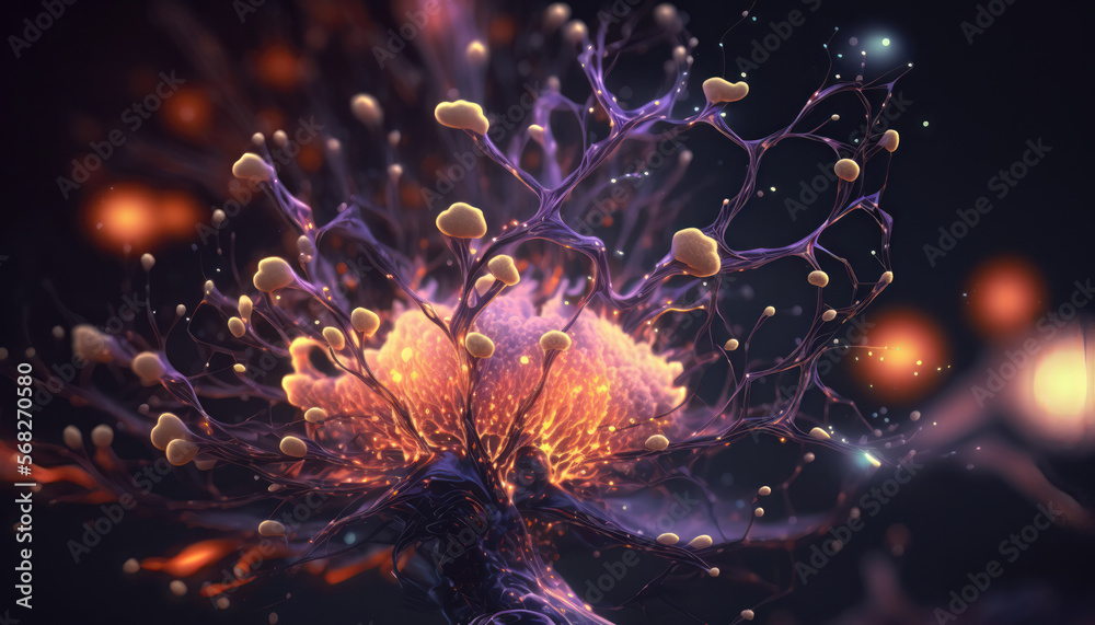 Neurological brain cell cluster, firing neurons on dark background ...