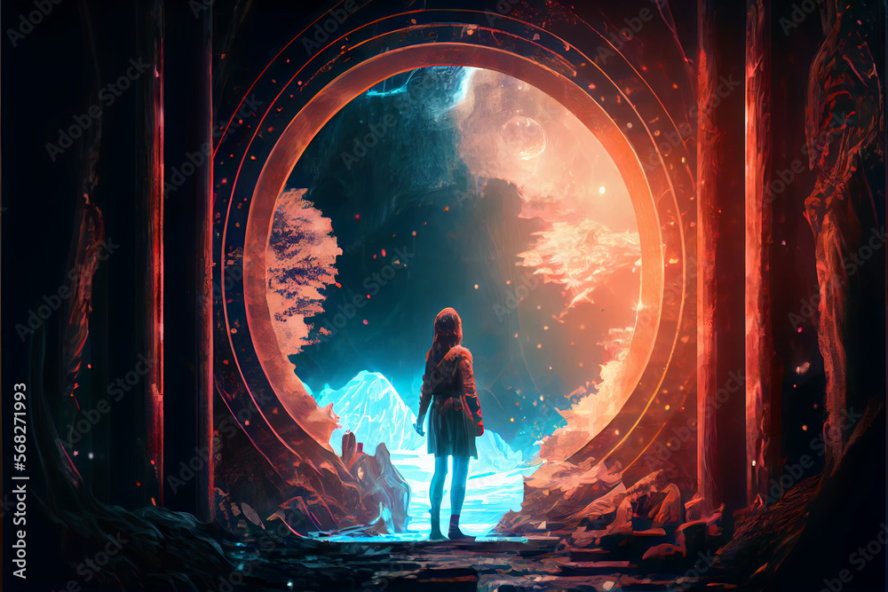 Young girl standing in front of portal. Digital art style. Generative ...