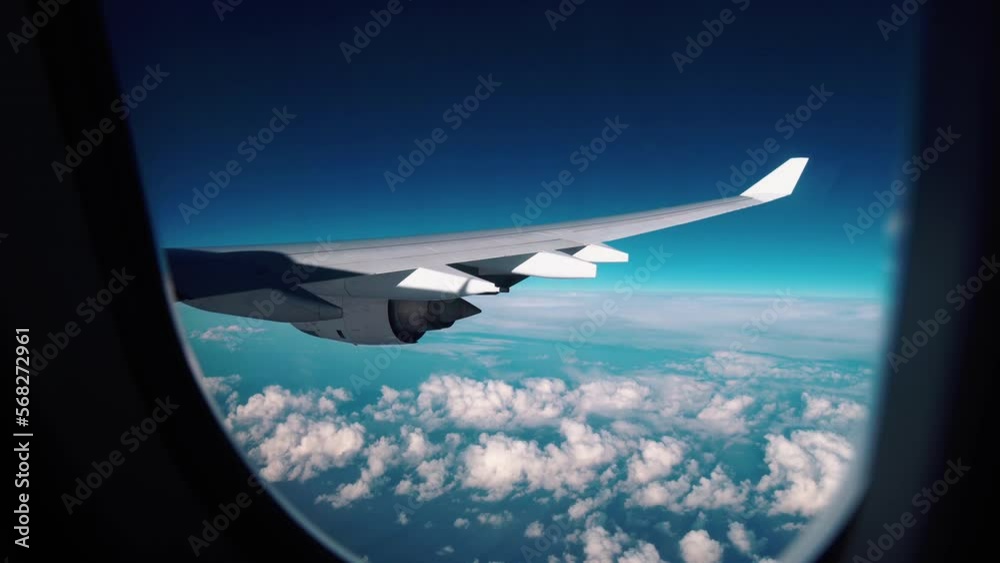 Airplane flight. Wing of an airplane flying above the clouds. Looking ...