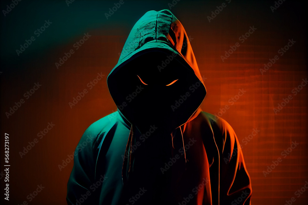 Ghost hacker criminal scary hood anonymous creepy devil danger silhouette shadow black face fear ...