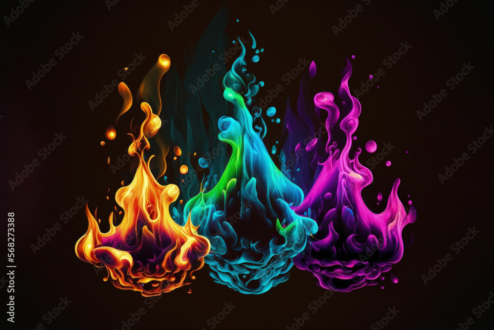 Abstract coloured mix flames isolated on black background. Realistic ...