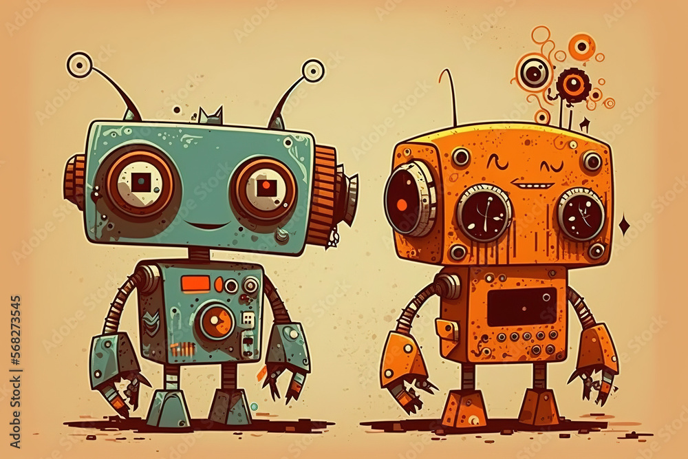 Robot Friends Cartoon Illustration, Cute Artificial Intelligence Vector ...